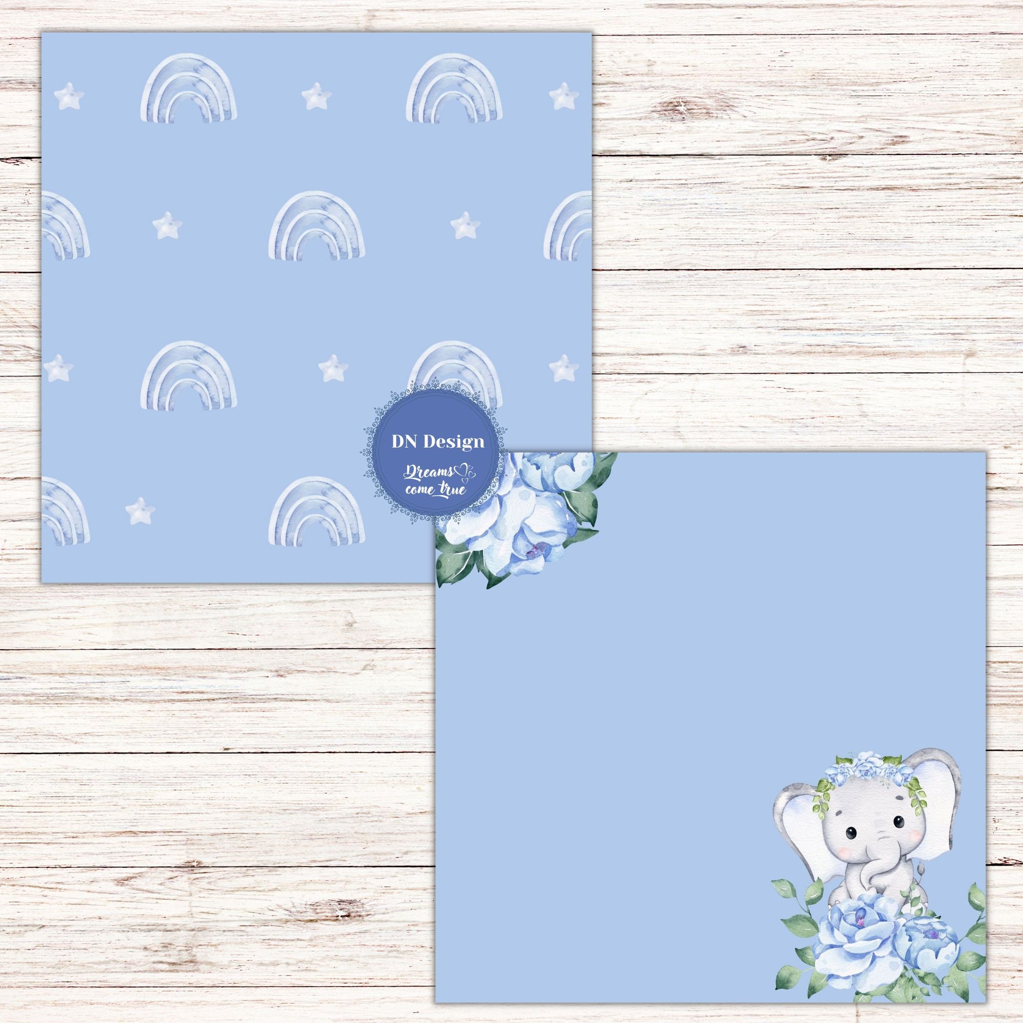 Digital Paper Pack,baby Boy,cute Baby Elephant,printable Paper,blue Sky ...