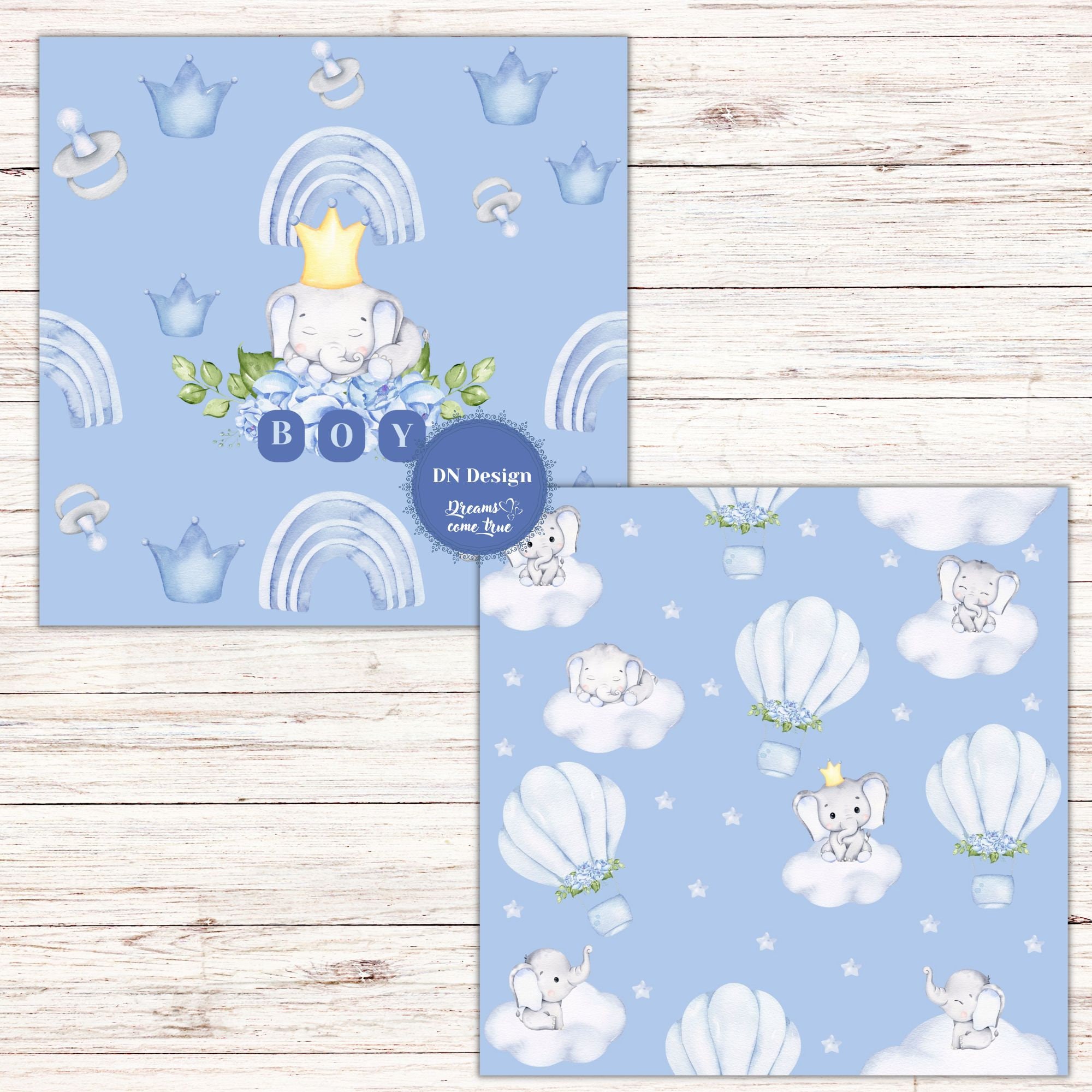 Digital Paper Pack,baby Boy,cute Baby Elephant,printable Paper,blue Sky ...