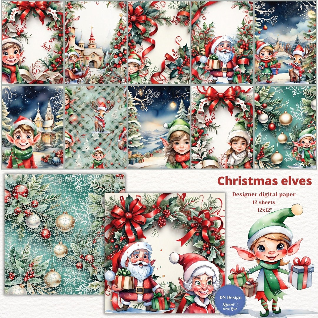 Christmas Elves Digital Paper Pack: Santa, Mrs. Claus (commercial Use ...