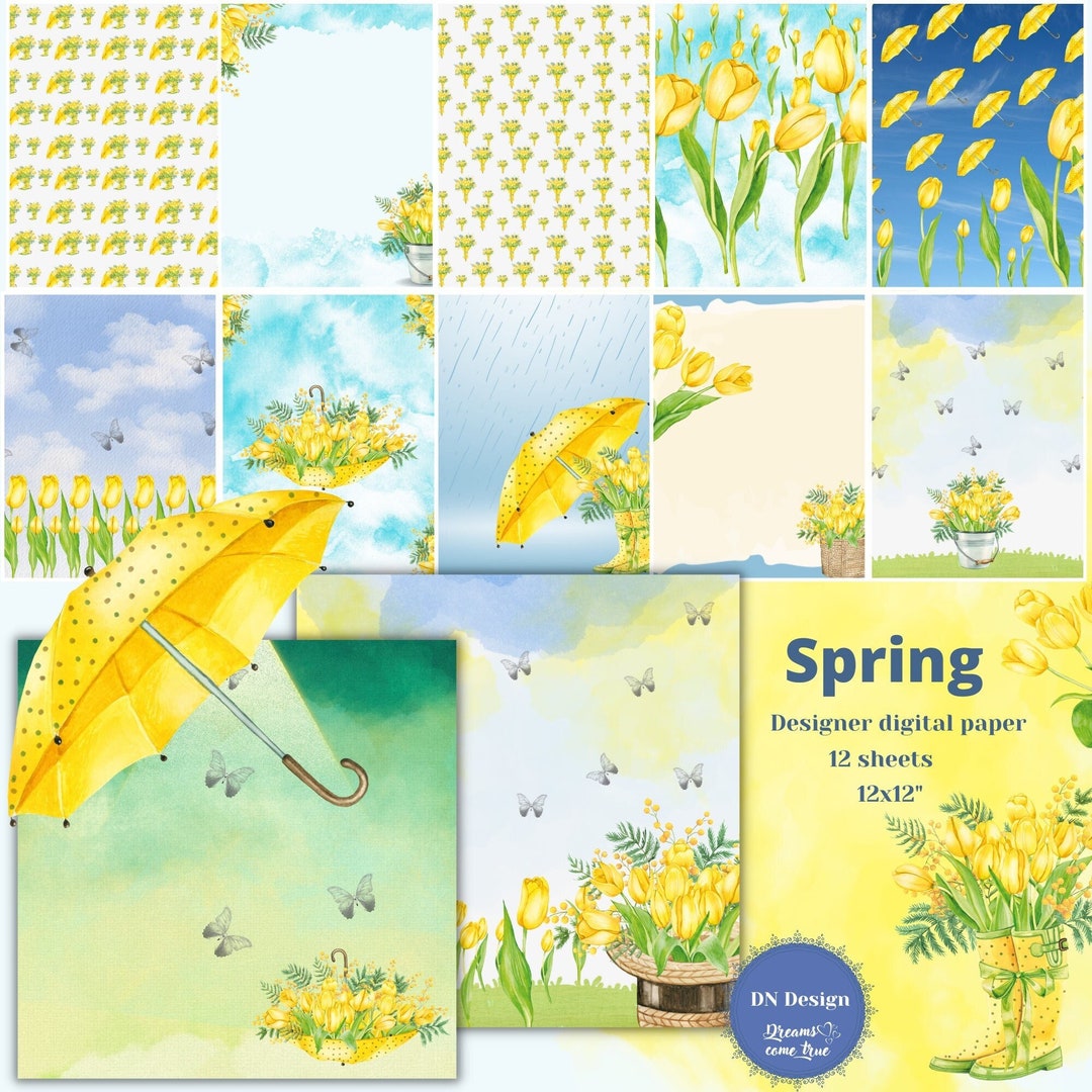 Digital Paper Pack,spring Digital Paper,yellow Tulips Paper,watercolor ...