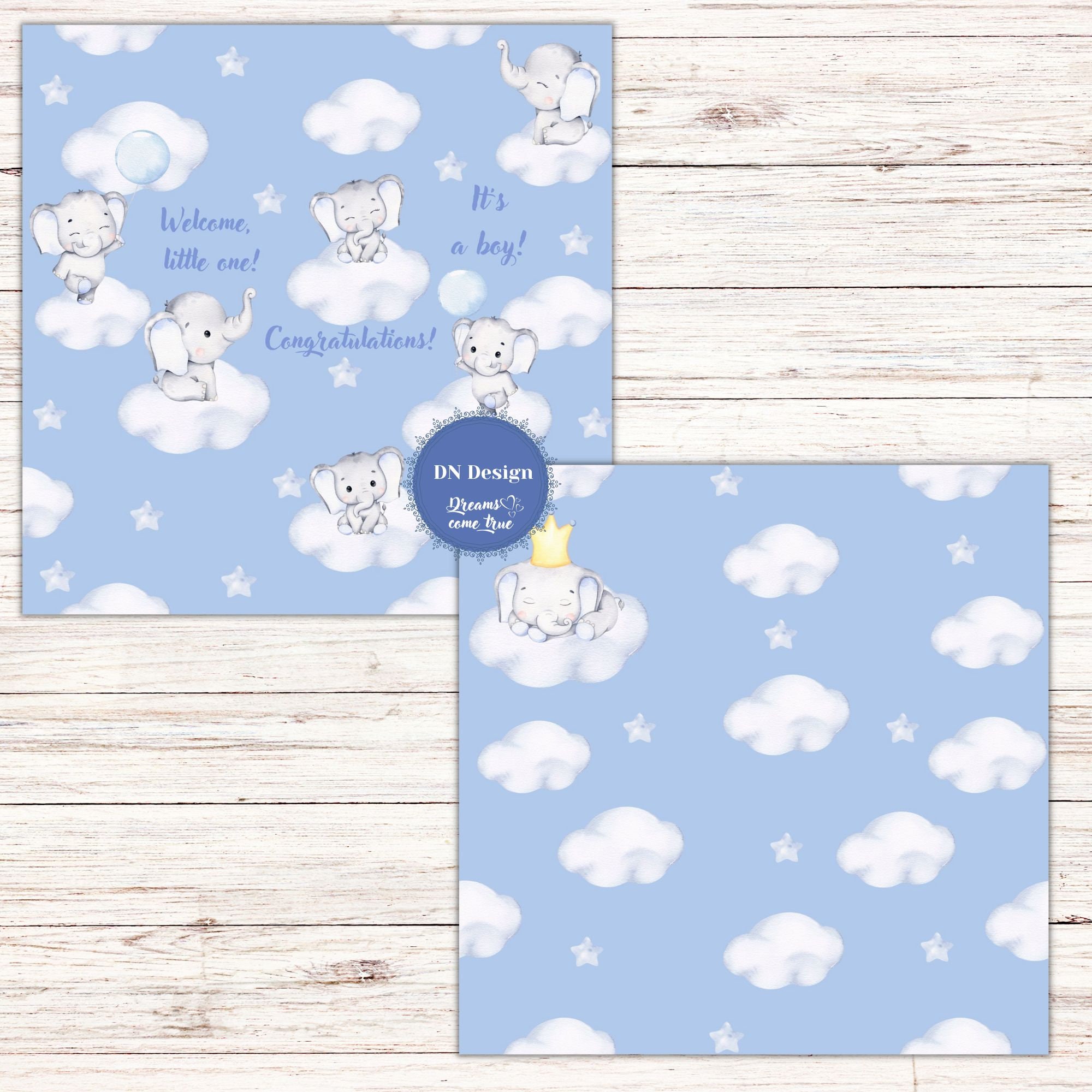 Digital Paper Pack,baby Boy,cute Baby Elephant,printable Paper,blue Sky ...