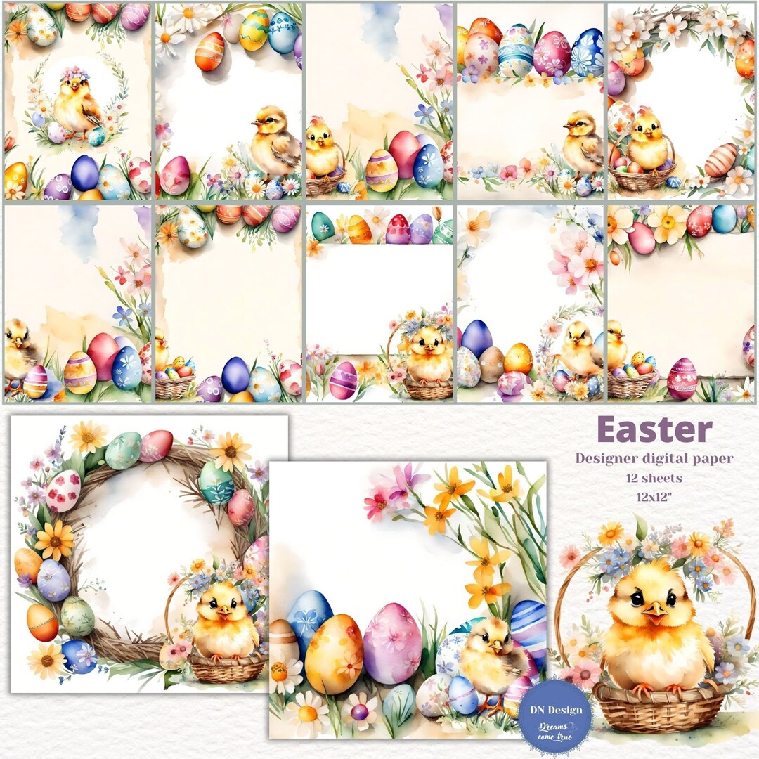 Easter Digital Paper Pack, Cute Little Yellow Chicks on a Background of ...