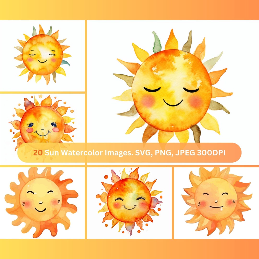 20 Sun Watercolor Png, Transparent Background, Sun Watercolor Clipart ...