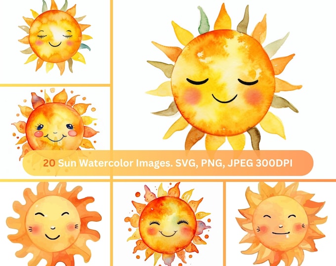 15 Cute Happy Sun Clipart, Cute Sun Watercolour Clipart, Watercolor Sun ...