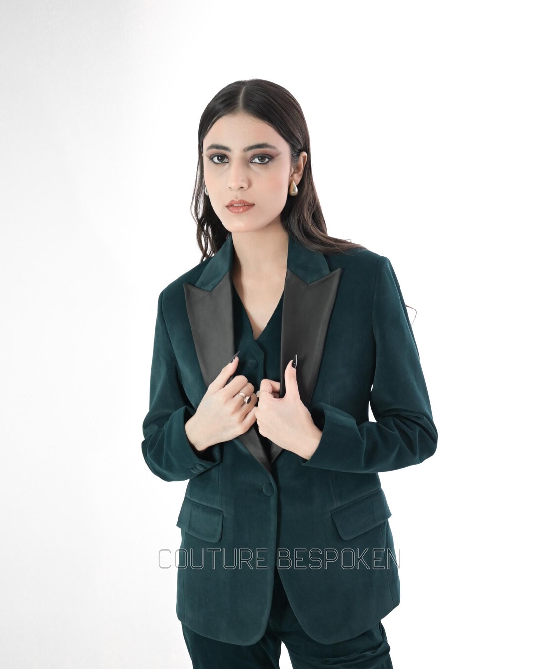 Green Velvet Three Piece Party Wear for Women, Satin Lapel Women Formal ...