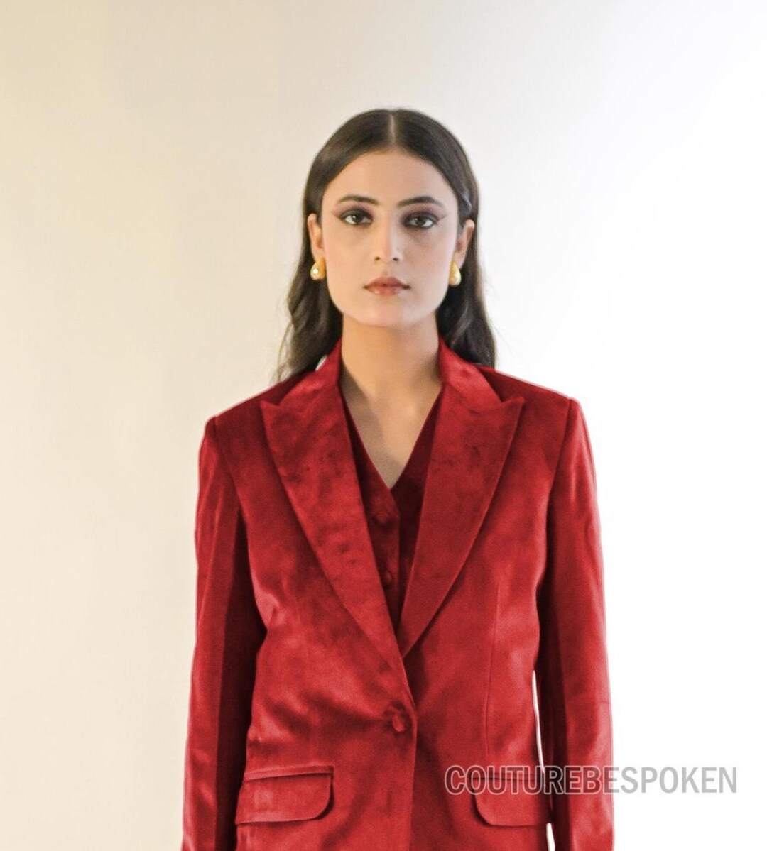 Tomato Red Velvet 3-pc Women's Suit | Single-breasted Blazer Flared ...