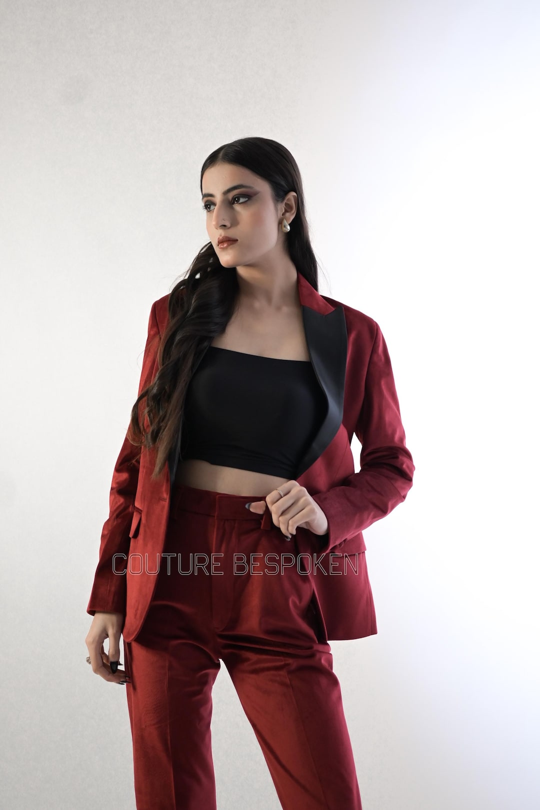 Red Velvet Women Two Piece Suit Women With Satin Lapel, Red Formal ...