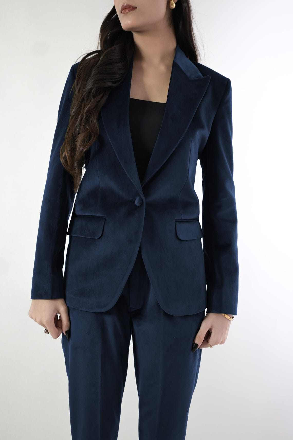 Navy Blue Velvet Women’s Suit - Flared Pant Two-piece Set, Elegant ...