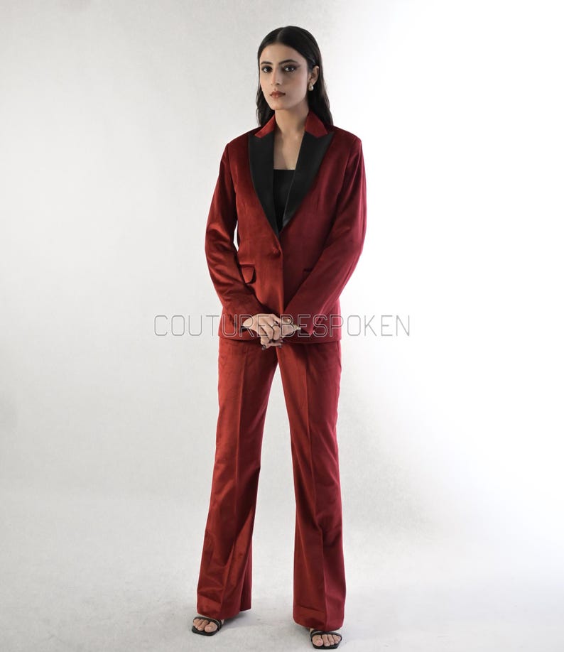Red Velvet Women Two Piece Suit Women With Satin Lapel, Red Formal ...