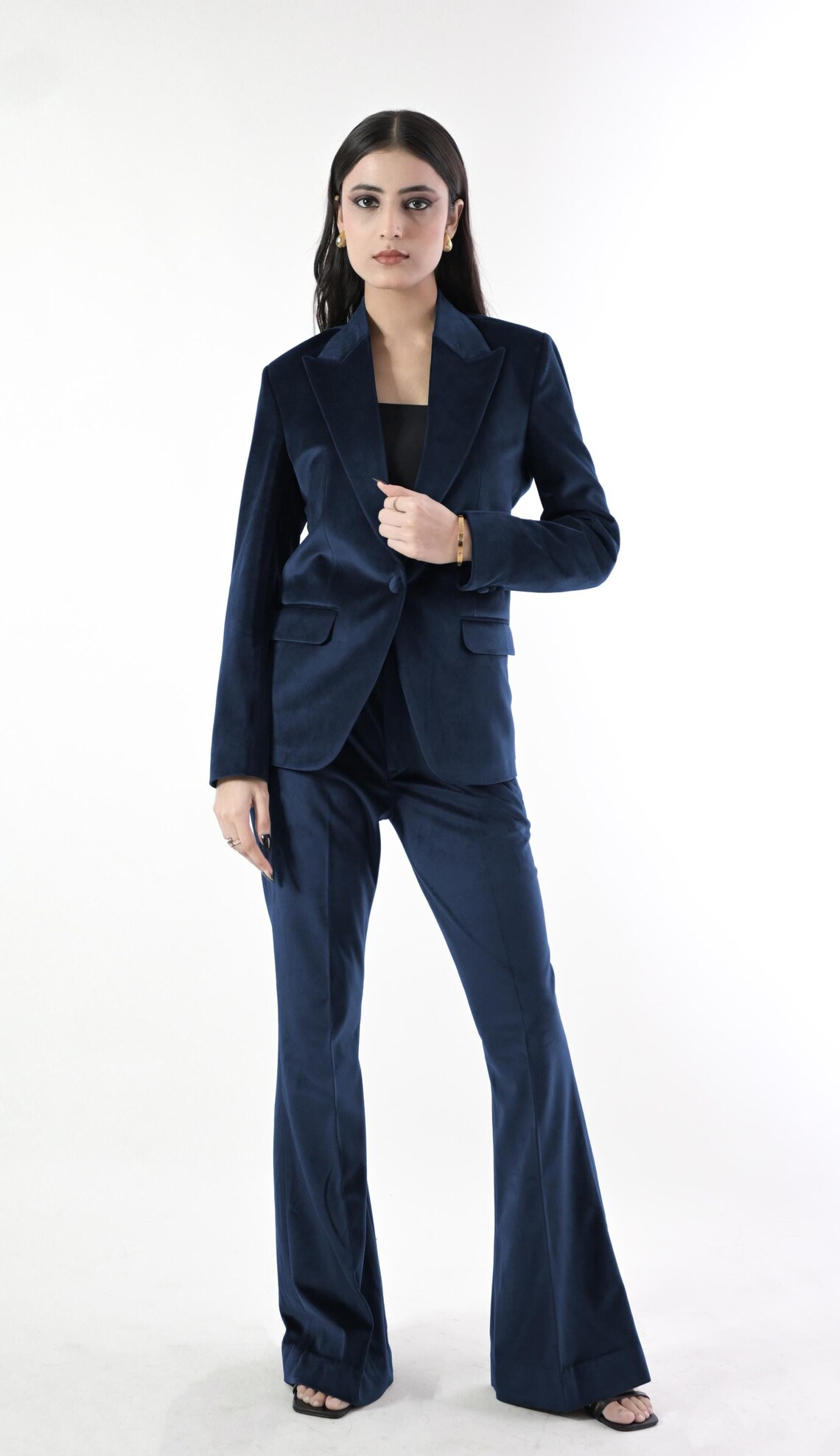 Navy Blue Velvet Women’s Suit - Flared Pant Two-piece Set, Elegant ...