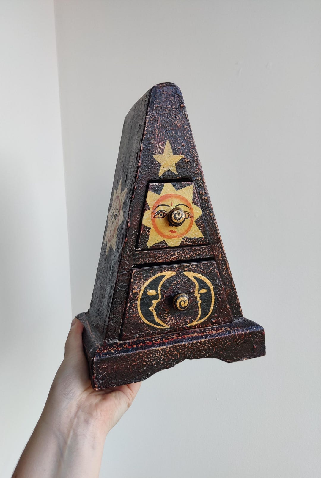 Vintage Pyramid Shaped Cabinet With Moons - Moon Phase Wooden Shelf ...