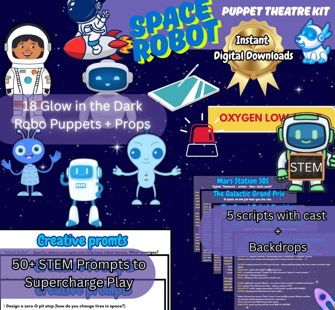 Space Robot STEM Puppet Kit - 5 Sci-fi Scripts, 50+ Prompts, 18 Glow Puppets, Props & Backdrops ...