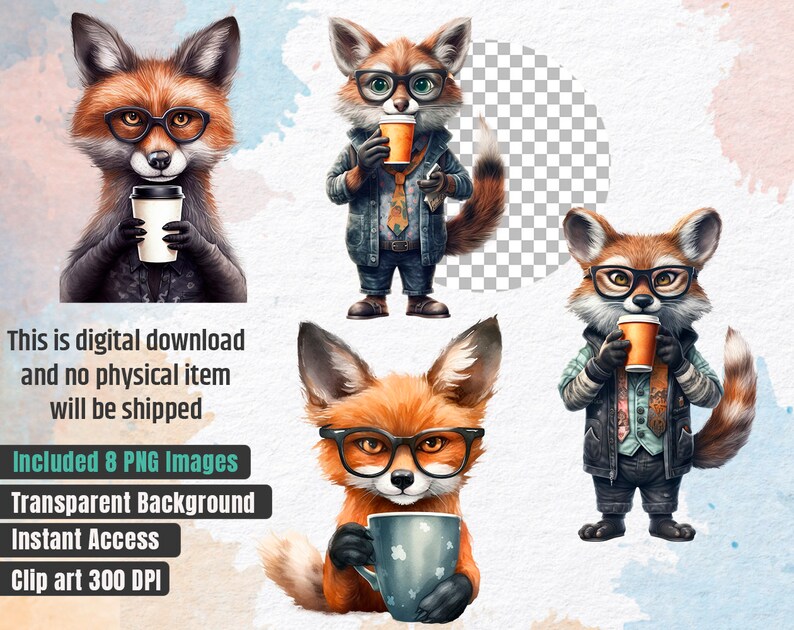 Fox Drinking Coffee Clipart | Watercolor Digital Art | Watercolor Art ...