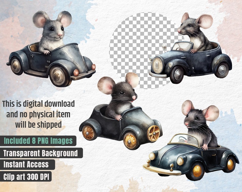 Mouse Driving Toy Car Clipart | Watercolor Digital Art | Watercolor Art ...