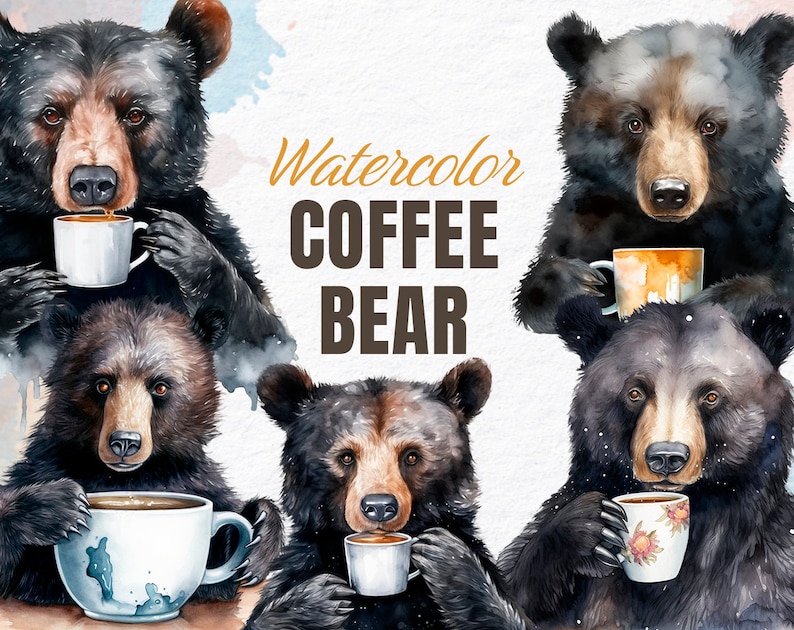 Black Bear Drinking Coffee Clipart, Watercolor Digital Art, Watercolor Art, Digital Clipart ...