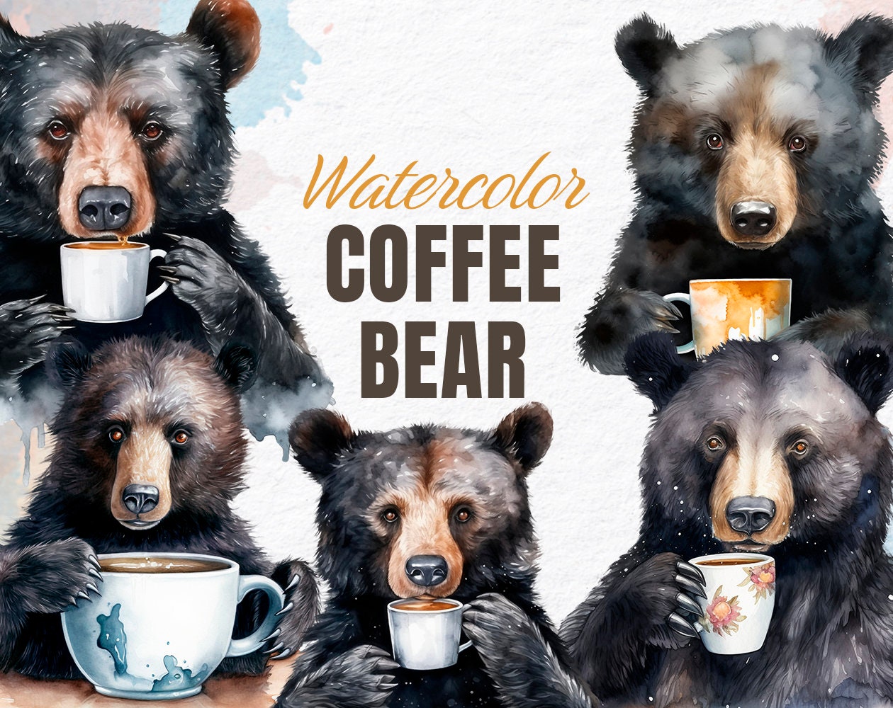 Black Bear Drinking Coffee Clipart, Watercolor Digital Art, Watercolor ...