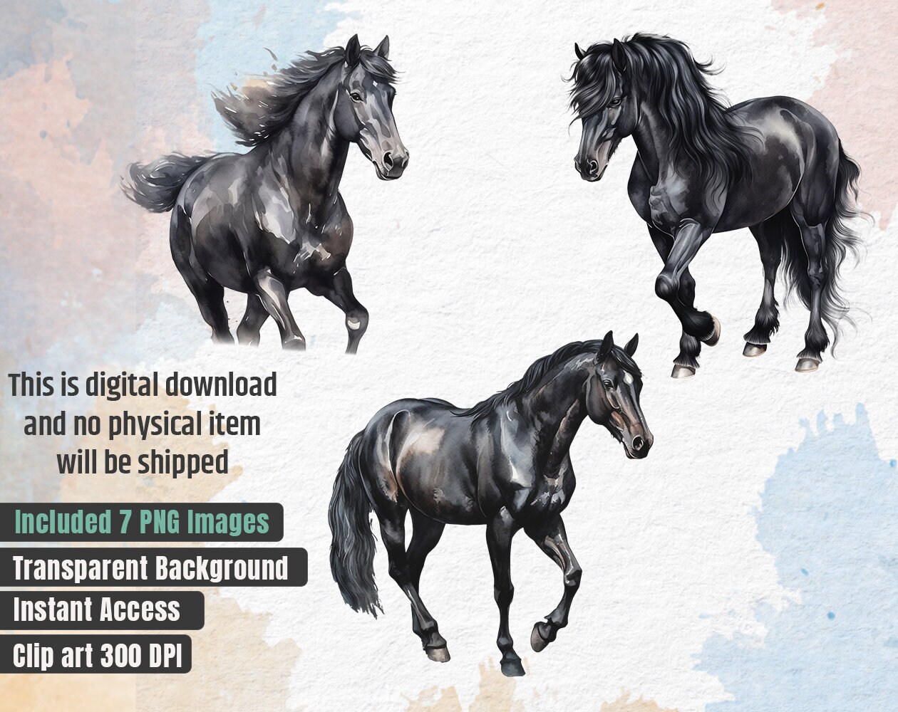 Black Horse Watercolor Clipart, Digital Art, Watercolor Art, Digital ...