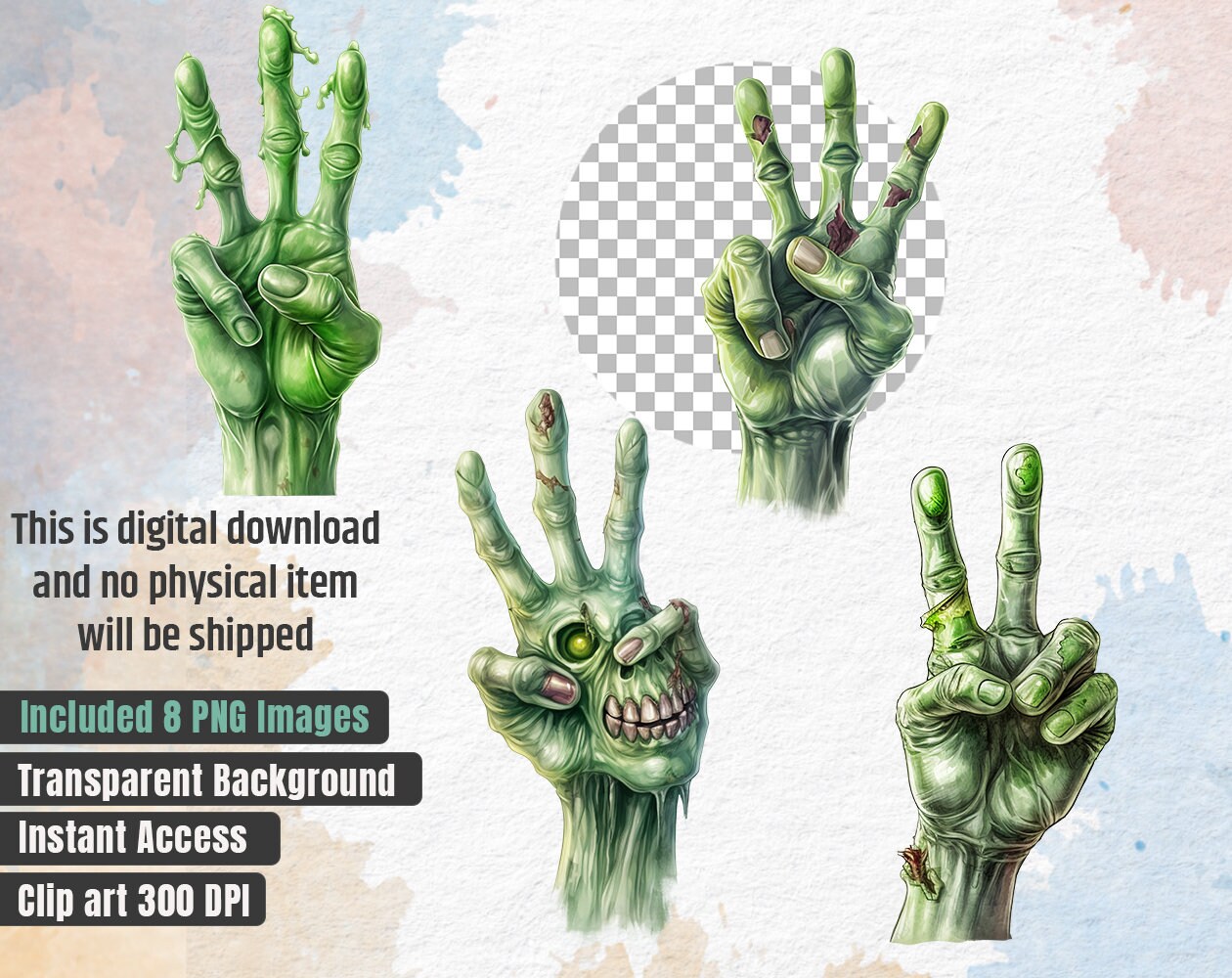 Zombie Hand Clipart, Watercolor Digital Art, Green Watercolor Art ...