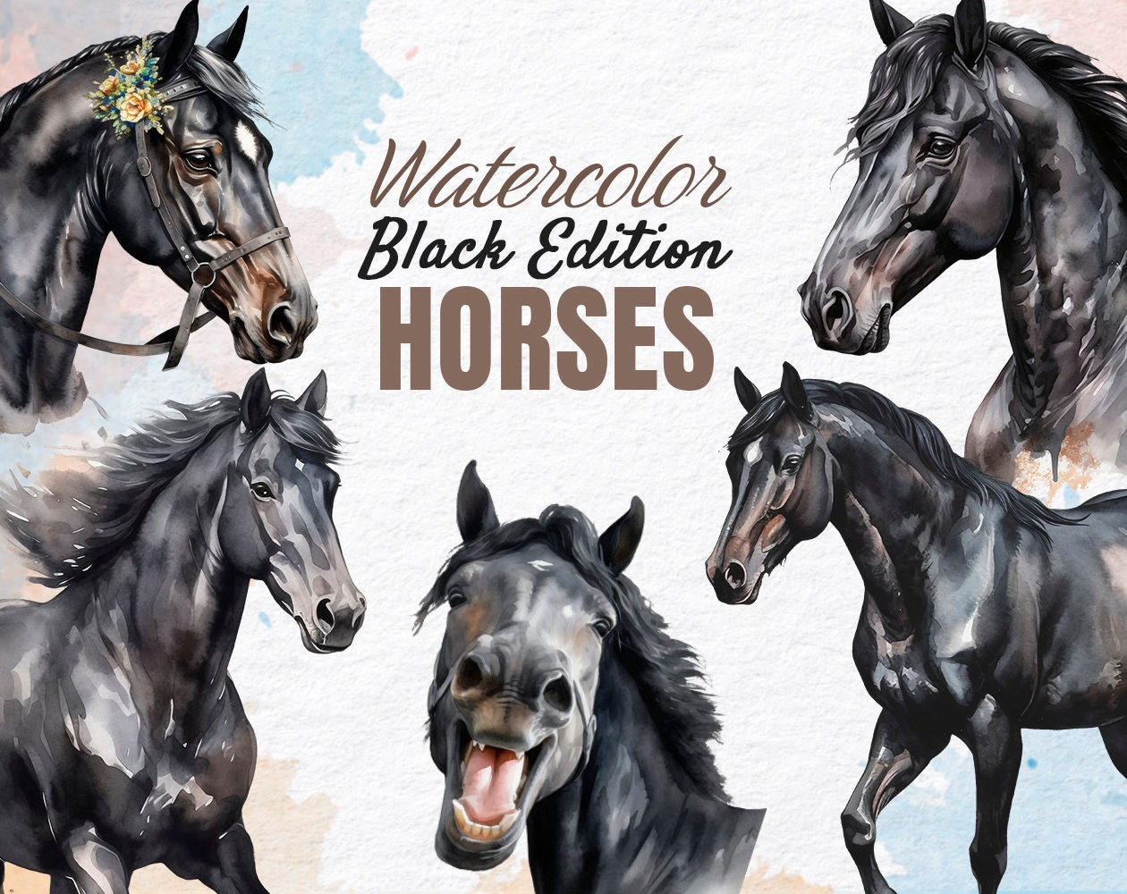 Black Horse Watercolor Clipart, Digital Art, Watercolor Art, Digital ...