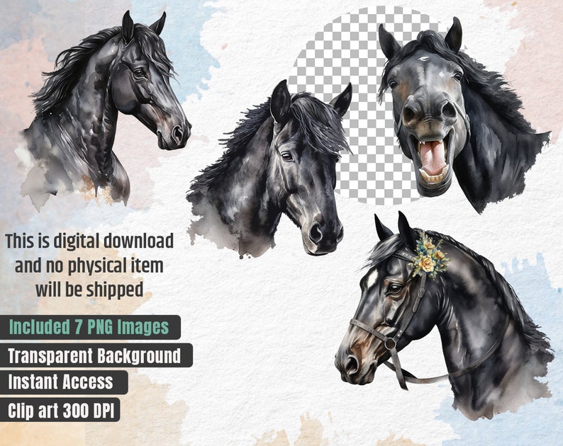 Black Horse Watercolor Clipart, Digital Art, Watercolor Art, Digital ...