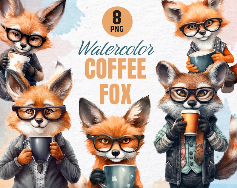 Fox Drinking Coffee Clipart | Watercolor Digital Art | Watercolor Art ...
