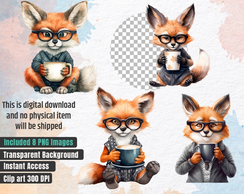 Fox Drinking Coffee Clipart | Watercolor Digital Art | Watercolor Art ...