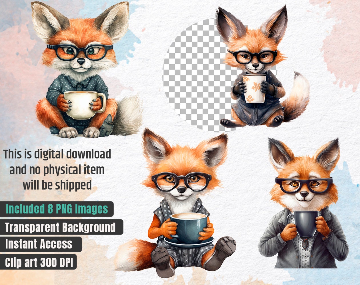 Fox Drinking Coffee Clipart | Watercolor Digital Art | Watercolor Art ...