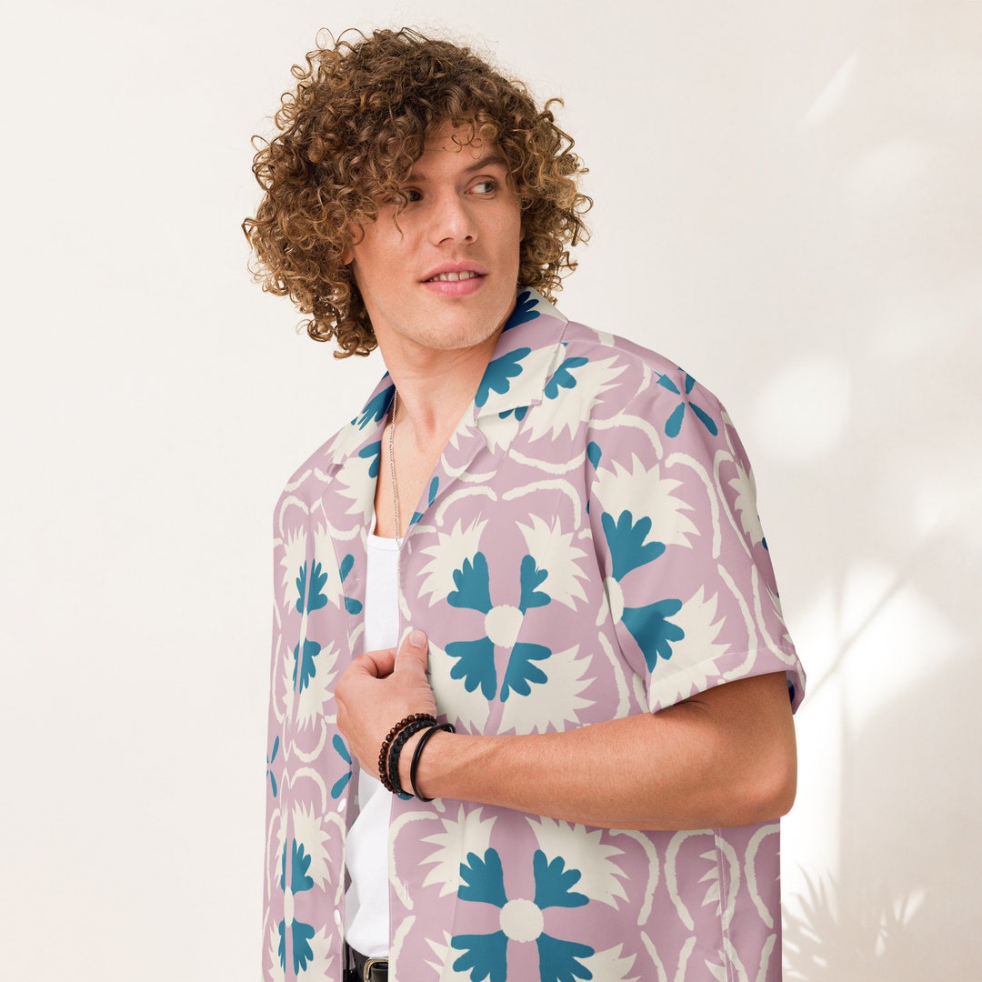 Italian Tile Pattern Mens Button Up, Retro Button up Shirt, Vintage ...