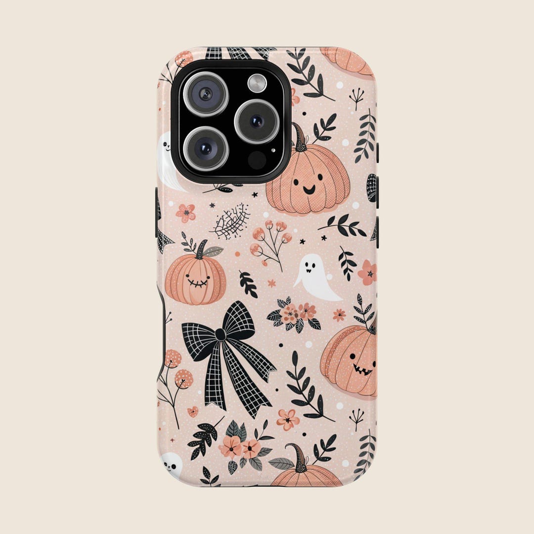Happy Pumpkin Ghost Magsafe iPhone Case – Soft Pink Halloween Floral ...