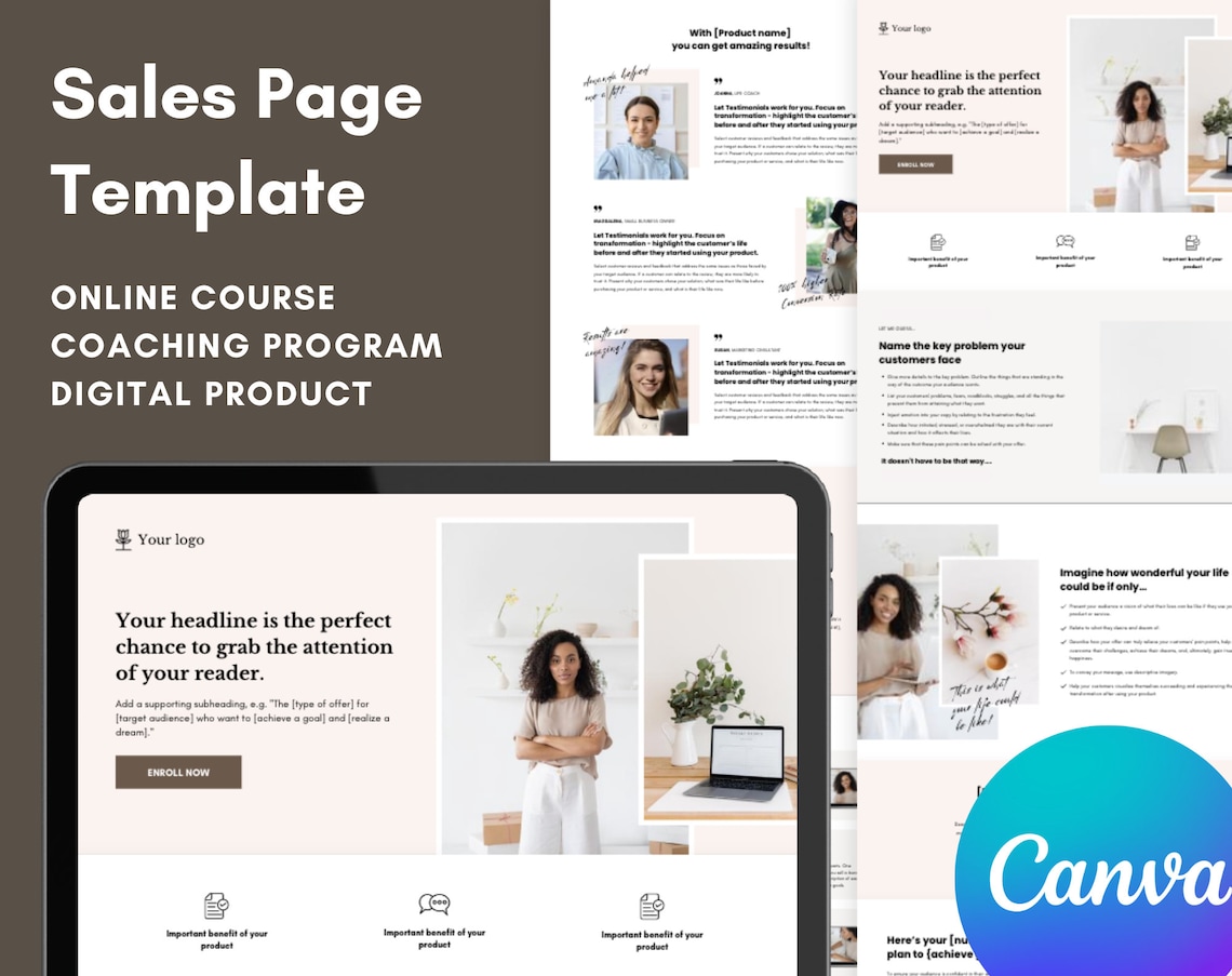 Sales Page Template Canva Website Landing Page Template for Canva I Editable I Online Course ...