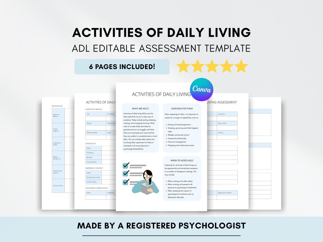 Daily Living Therapy ADL Assessment Template, Canva Editable PDF ...