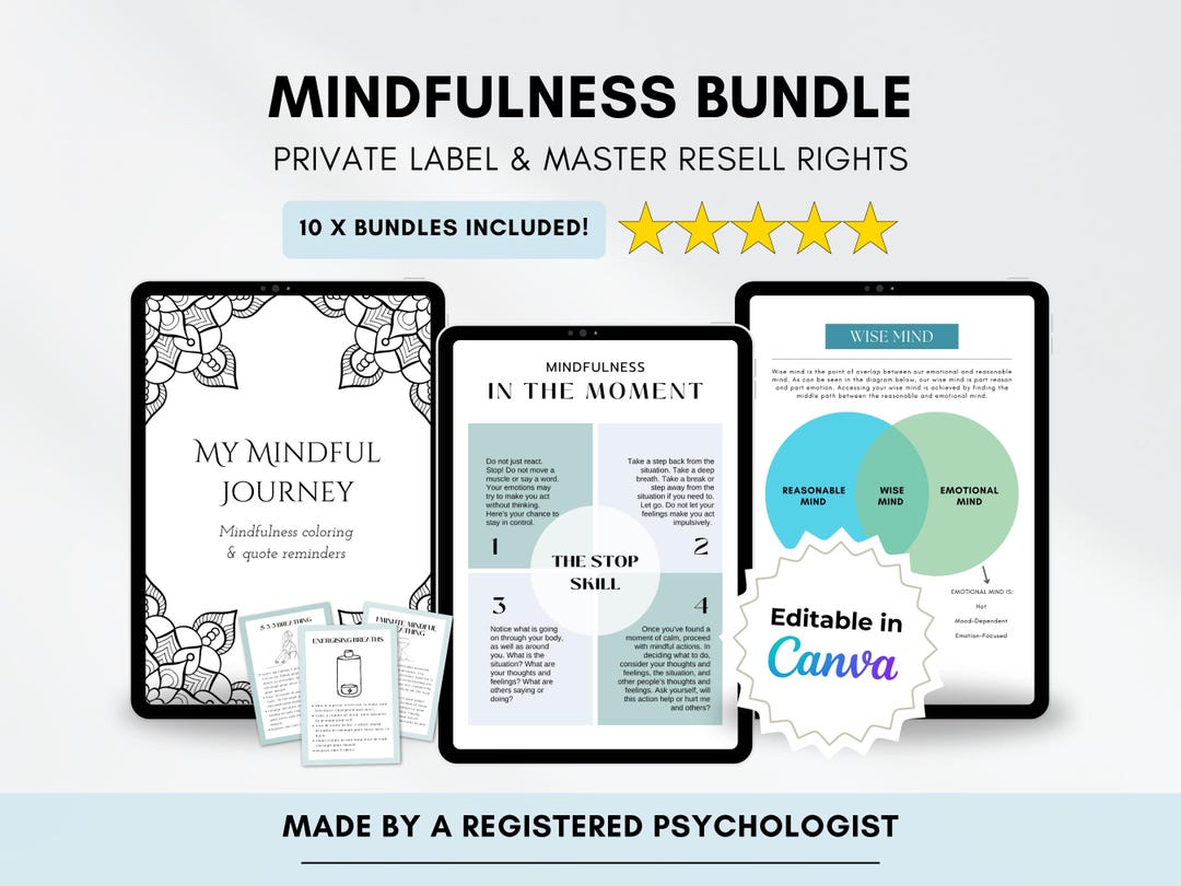 Mindfulness Worksheets Bundle: Therapy Resources, Canva Templates (MRR ...