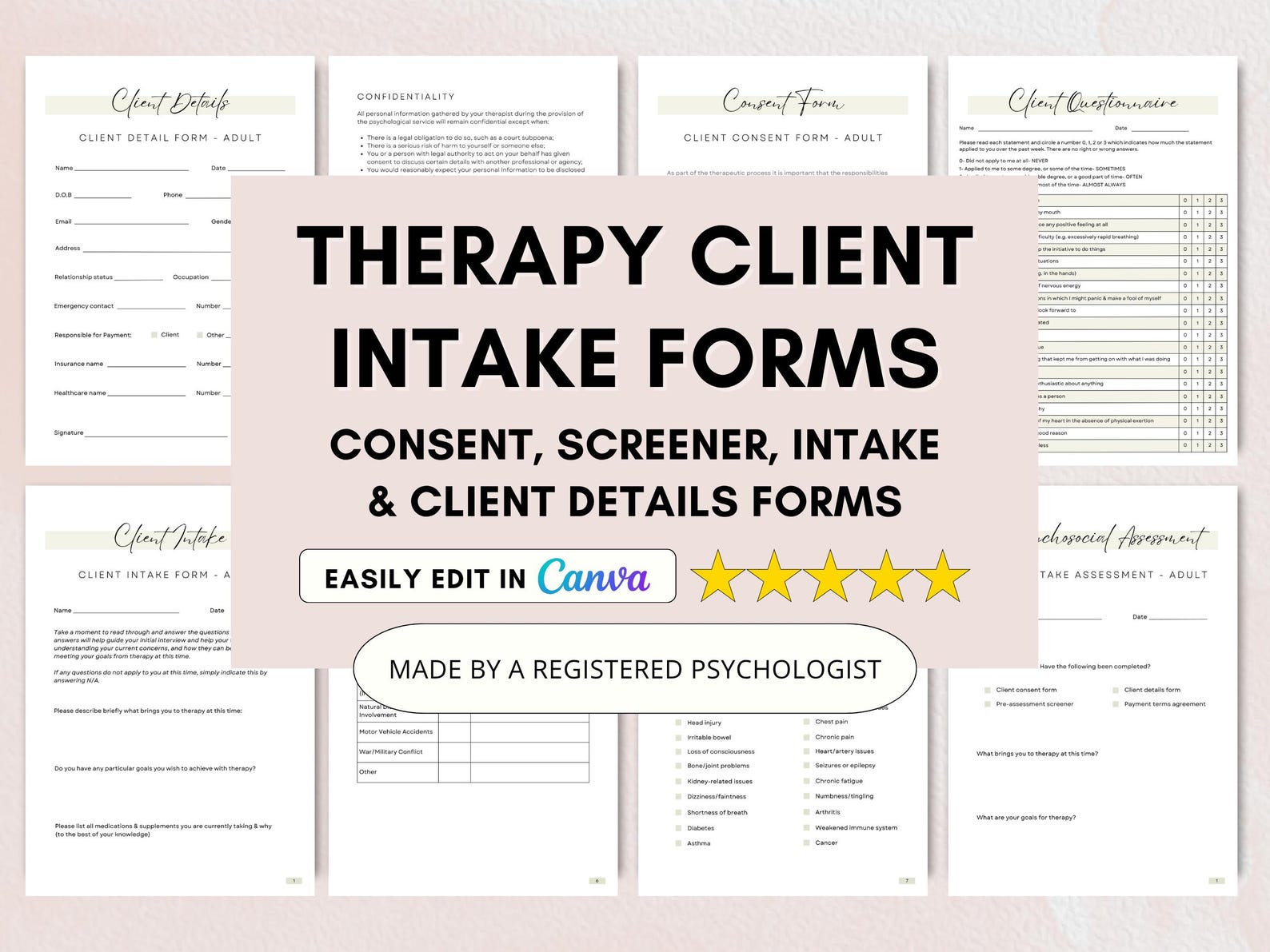 Therapy Client Intake Forms Bundle: Counselor Assessment (PDF & Canva ...