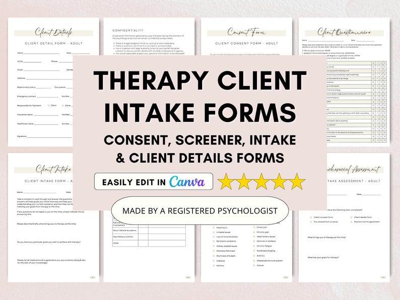 Therapy Client Intake Forms Bundle: Counselor Assessment (PDF & Canva ...