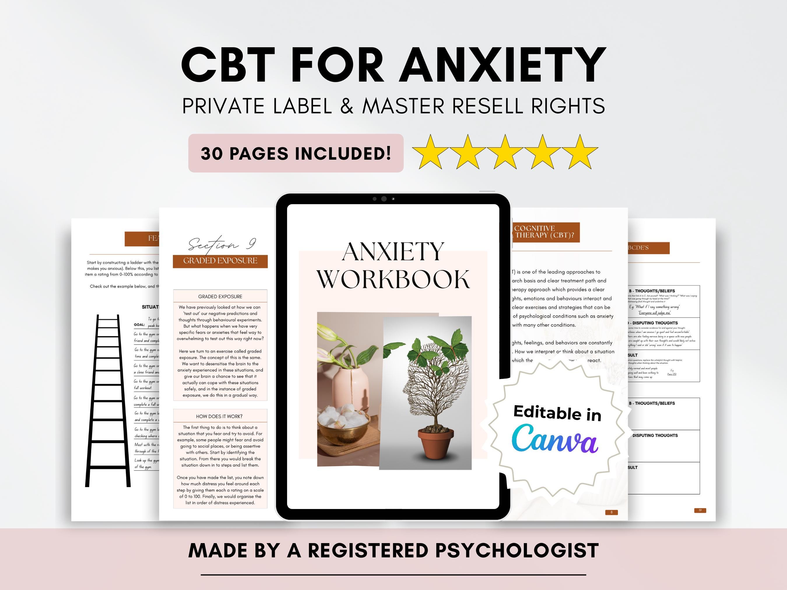 CBT Anxiety Worksheets Bundle: Canva Editable With Master Resell Rights ...