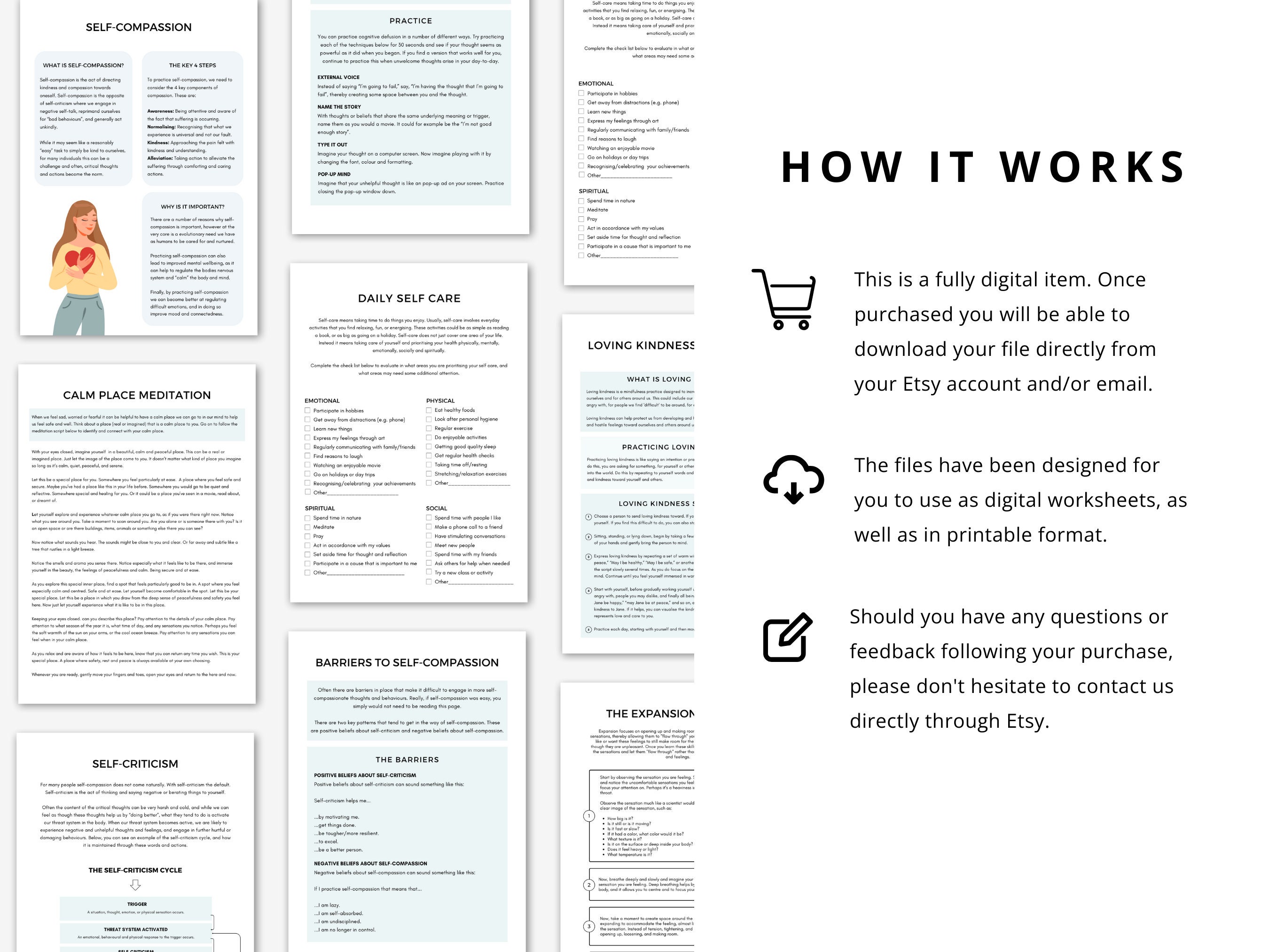 Self Compassion Worksheet Bundle to Learn Self-compassion and Positive ...