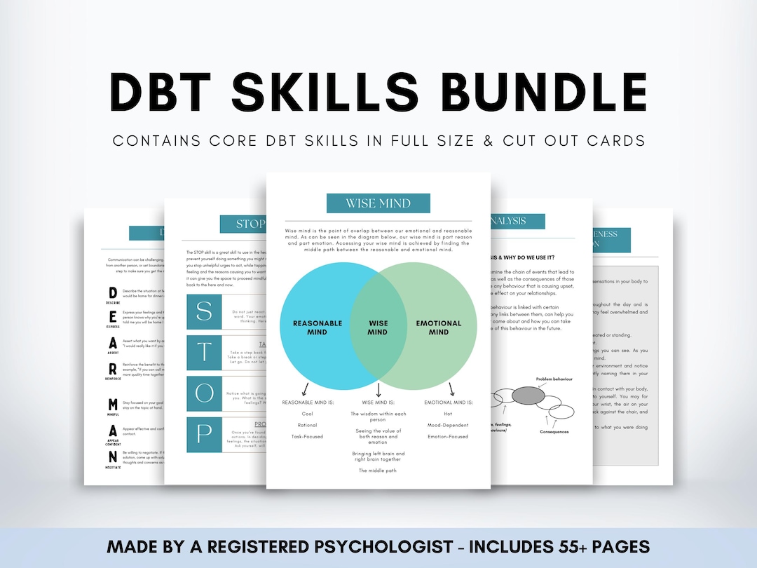 DBT Skills Worksheets and Coping Cards Bundle, Wise Mind and Stop Skill ...