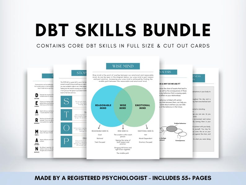 DBT Skills Worksheets and Coping Cards Bundle, Wise Mind and Stop Skill ...