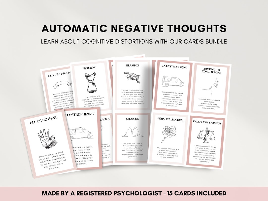 Automatic Negative Thoughts Card Bundle, CBT Thinking Errors Therapist ...