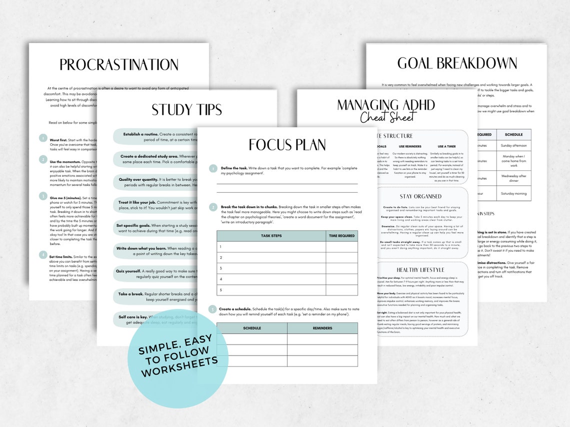 ADHD Worksheets for Adults & Teens, Executive Functioning, Coping ...