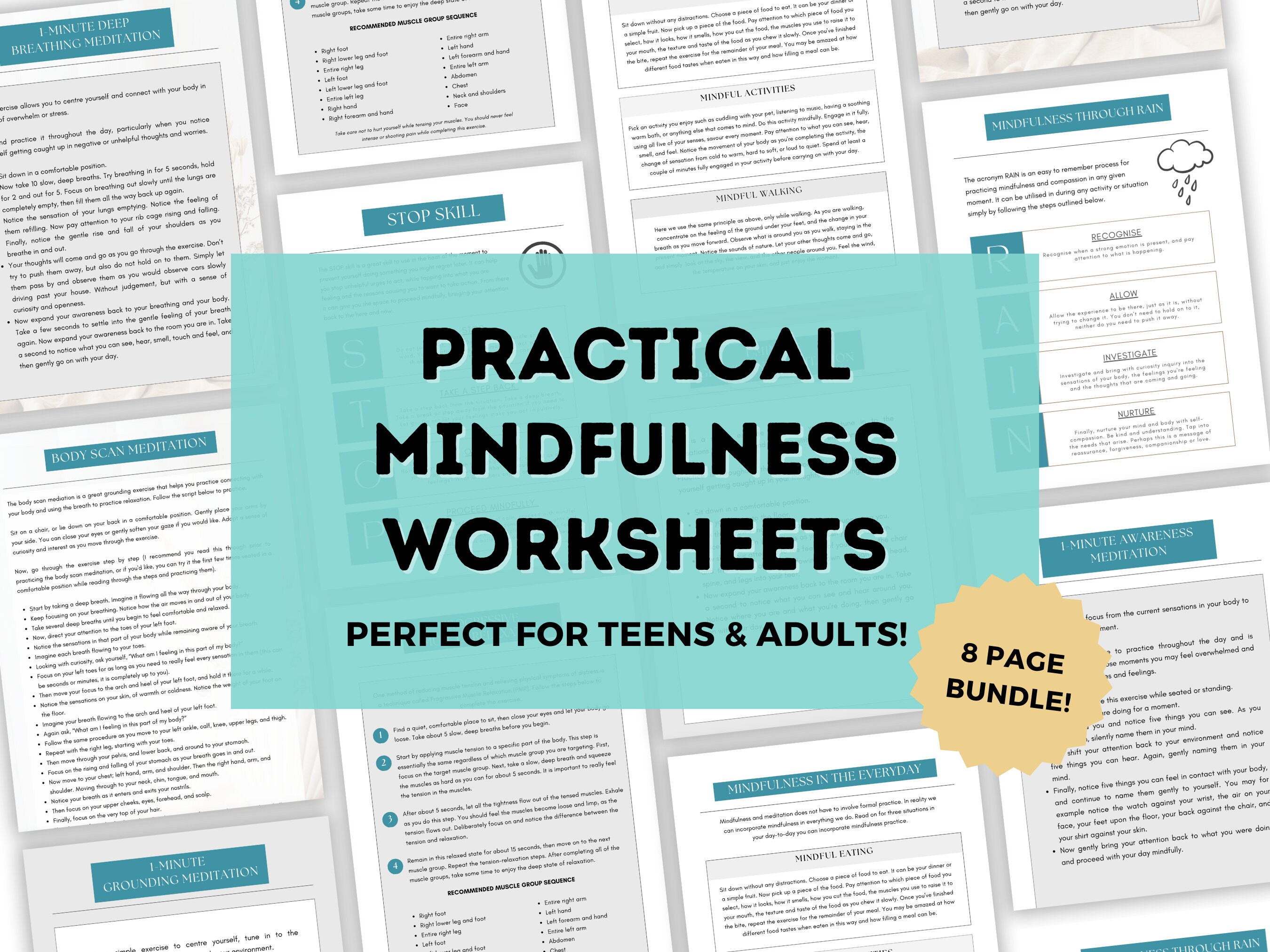 Practical Mindfulness Worksheets Bundle Mindfulness Worksheets for ...