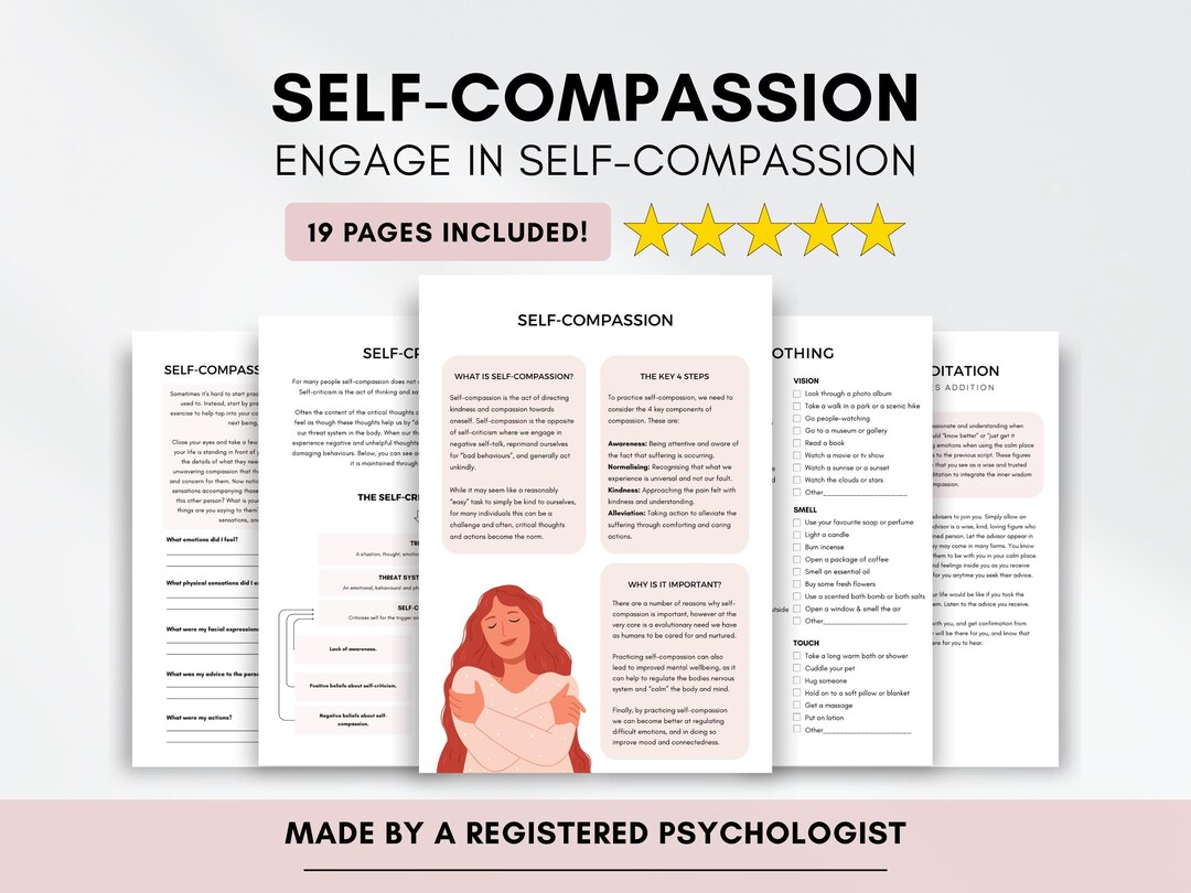 Self Compassion Worksheet Bundle: Self-esteem Therapist Resource (PDF ...