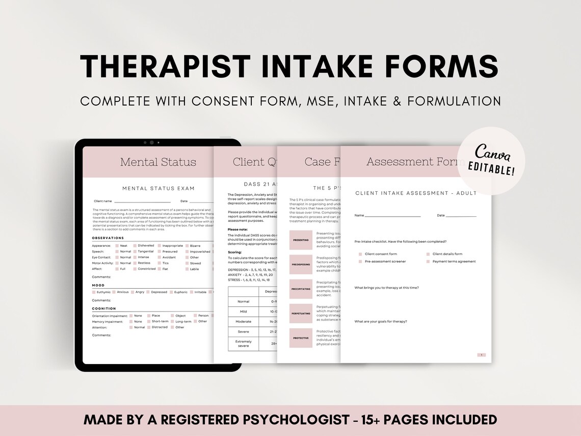 Therapy Intake Form Bundle, Canva Editable Therapist Resource ...