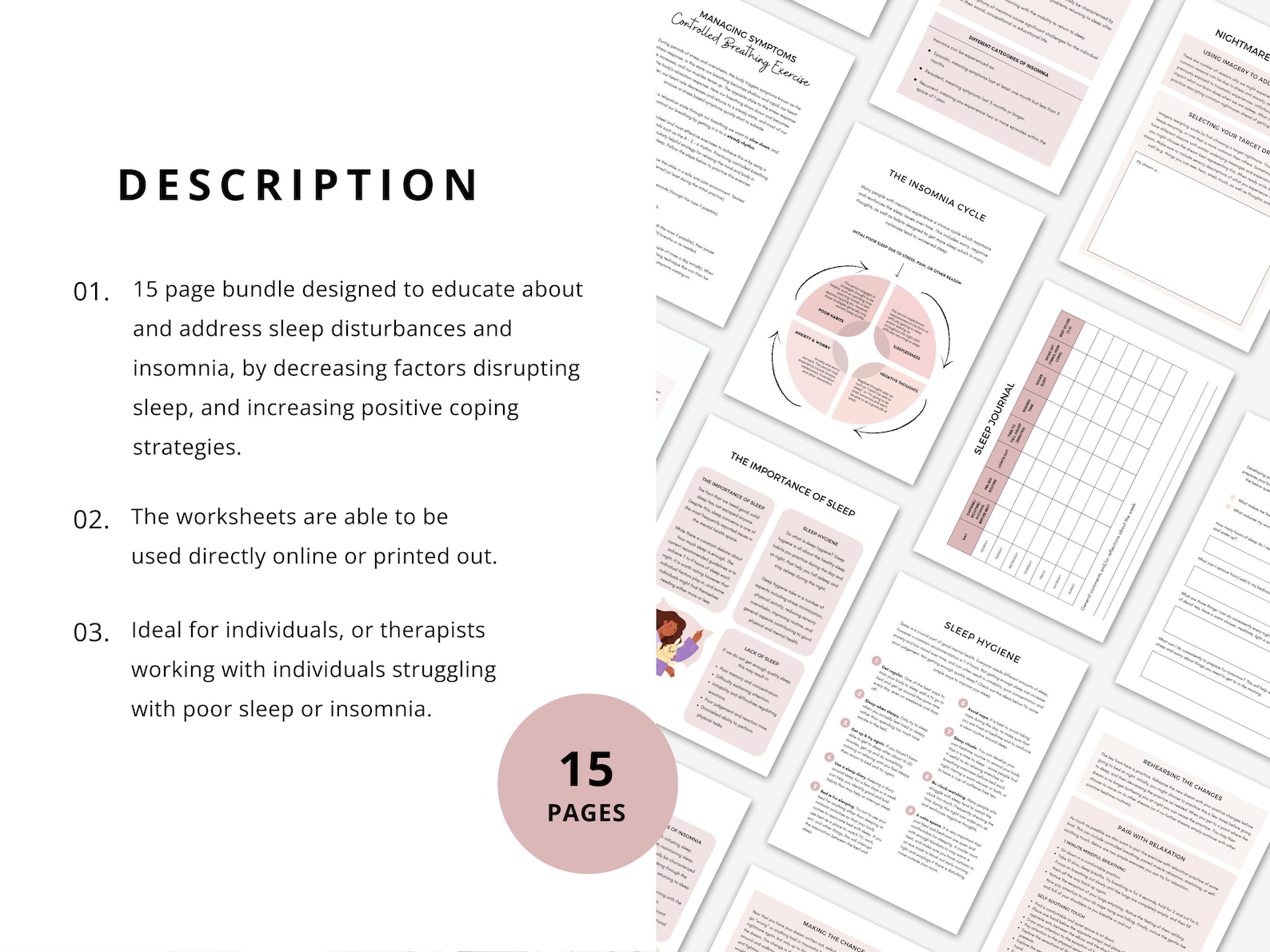 Sleep Hygiene Therapy Education Worksheets for Managing Insomnia and ...