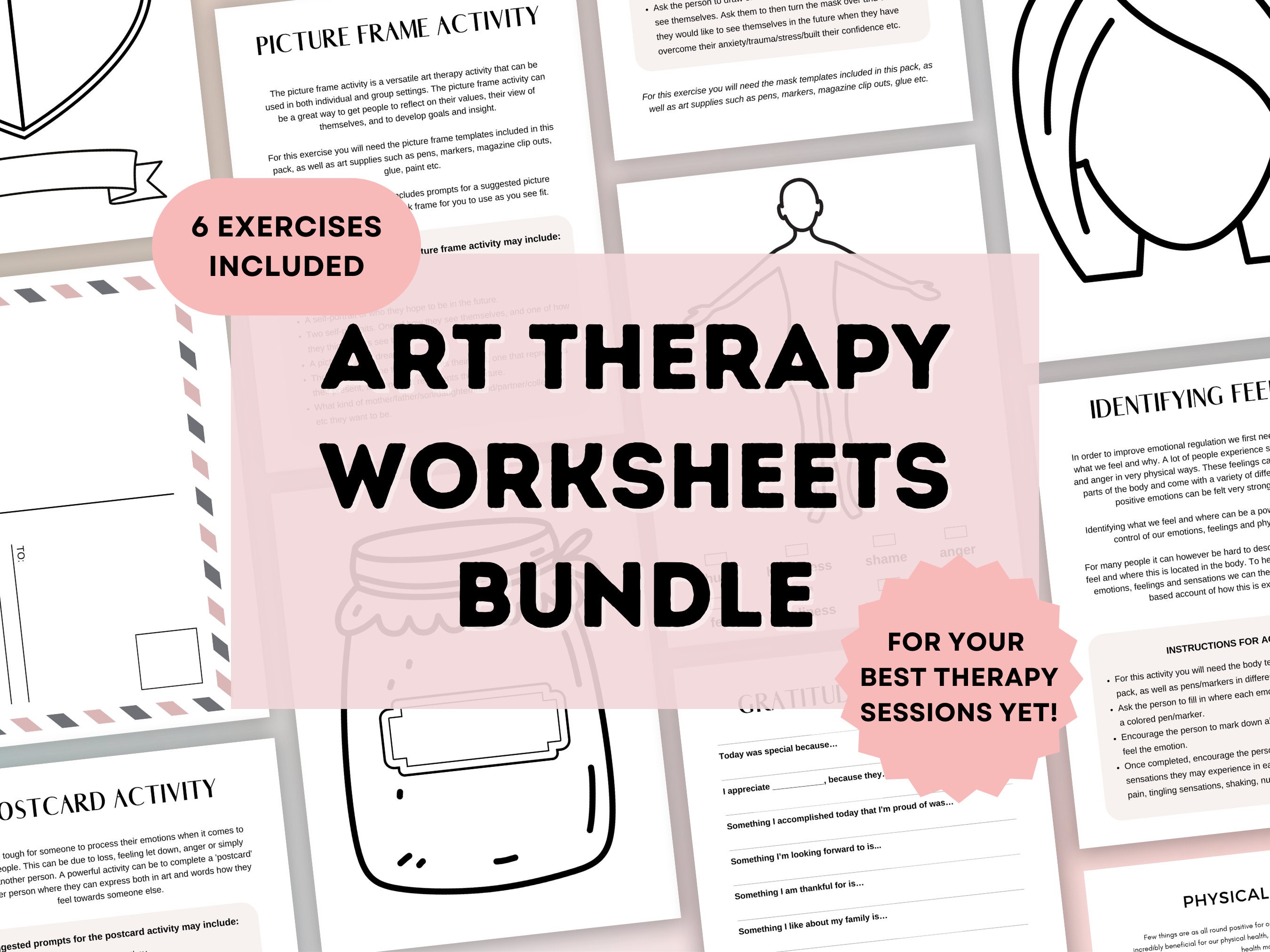 Art Therapy Template Bundle | 6 Art Therapy Exercises for Counselor or ...
