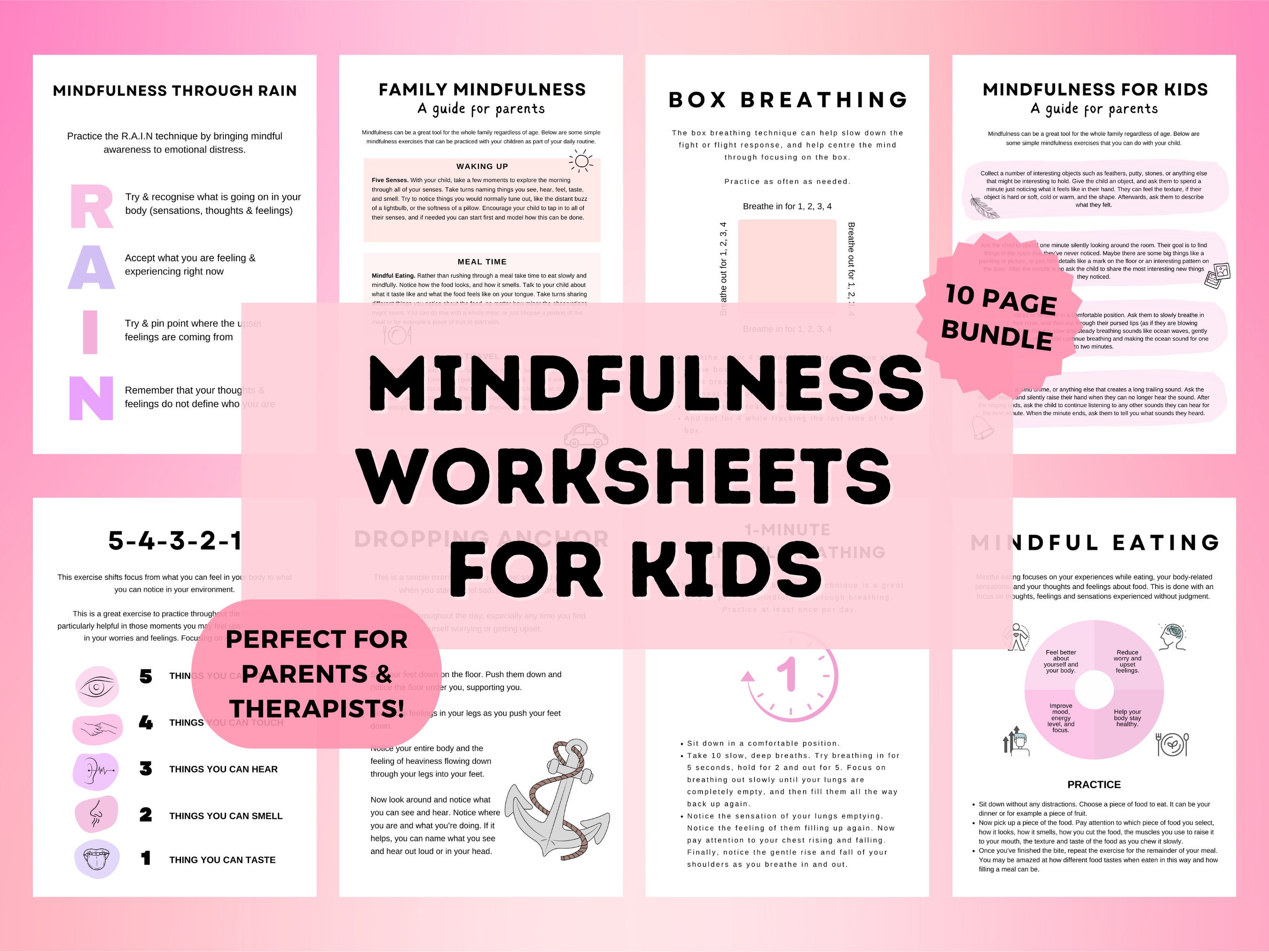 Mindfulness for Kids Therapy Worksheets Bundle, Childrens Grounding ...