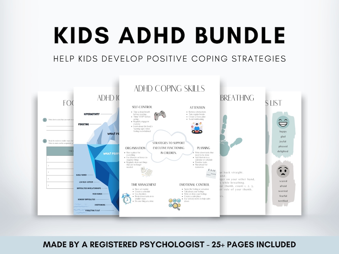 Kids ADHD Worksheet Bundle for Developing Coping Skills, Managing ADHD ...