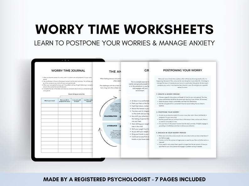 Worry Time Therapy Worksheets for Postponing Worry and Managing Anxiety ...