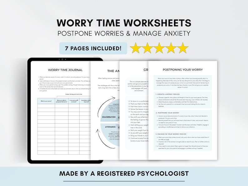 Worry Time Therapy Worksheets: Anxiety & Mindfulness (counseling ...