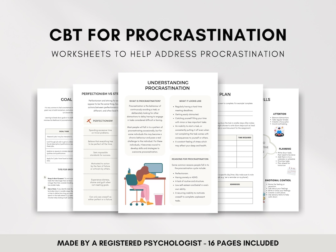 CBT Worksheets: Overcoming Procrastination, Therapist Tool (printable ...